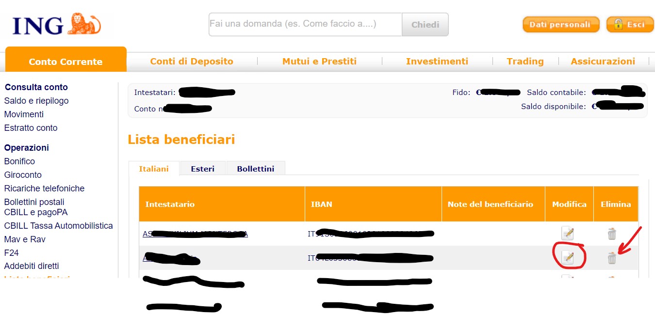 Come modificare o cancellare un beneficiario/contatto precedentemente ...