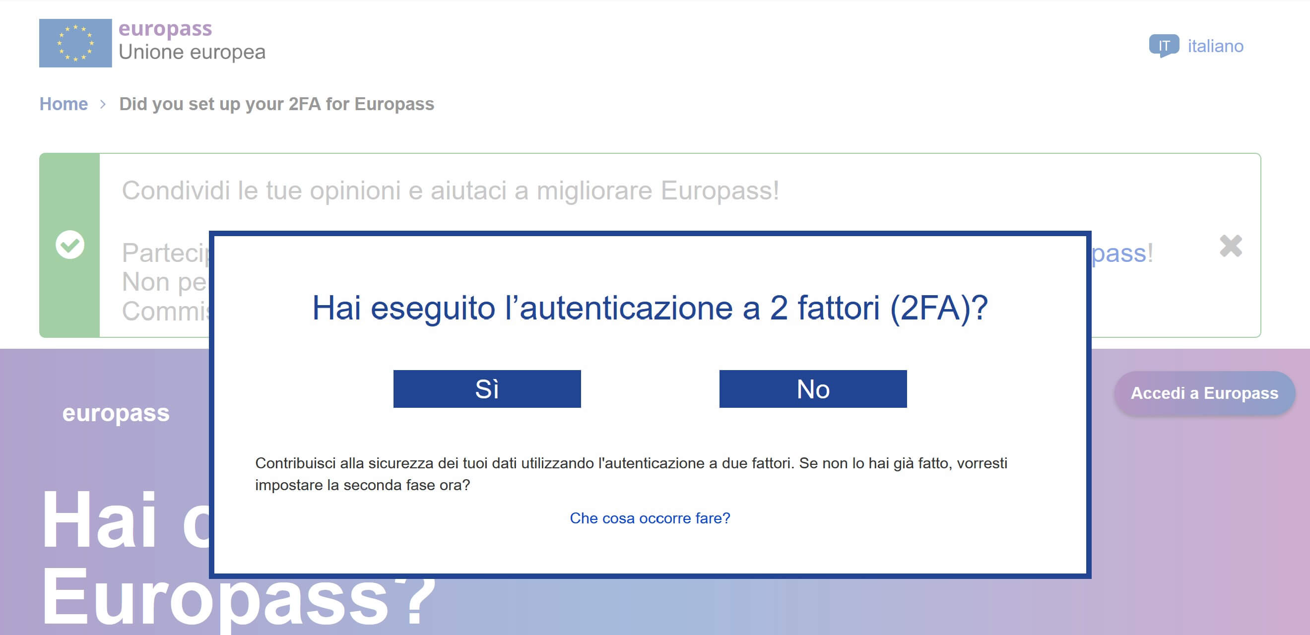 Resa obbligatoria un’autenticazione a due fattori (2FA) per accedere al sito Europass, che ...